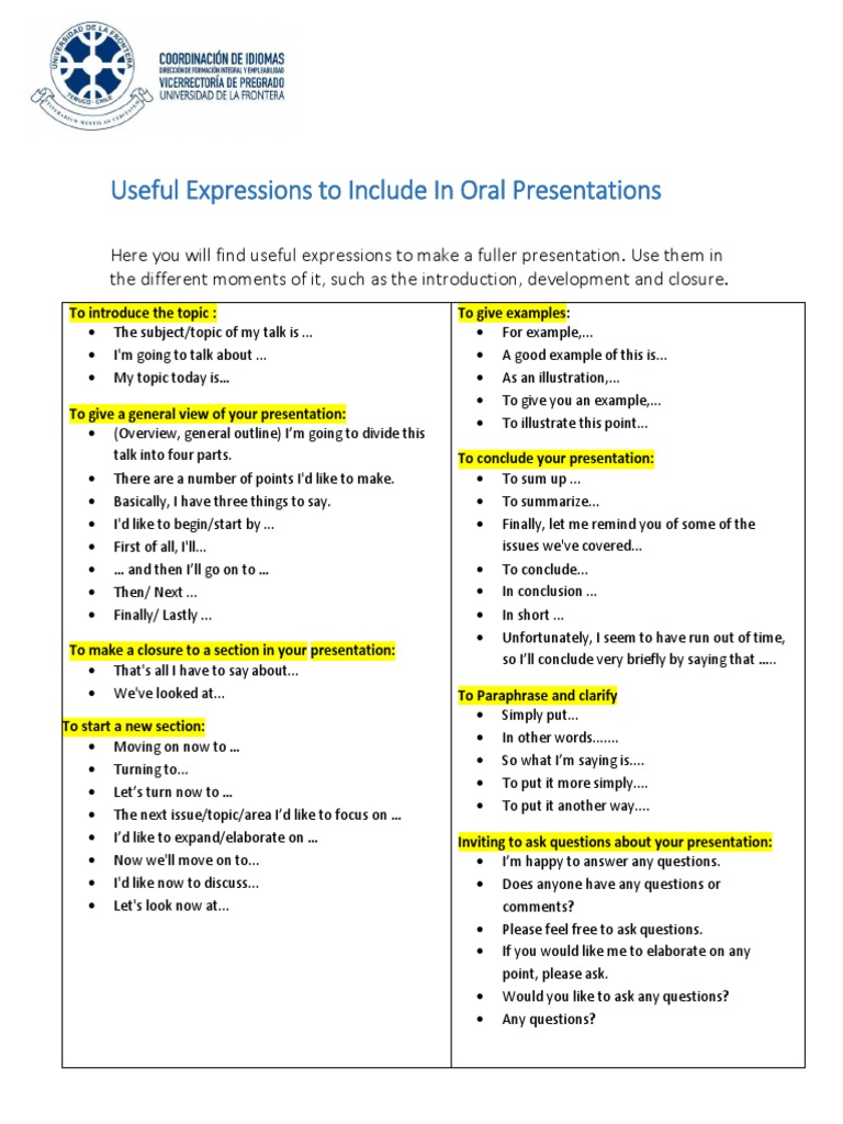 Useful Expressions To Include in Oral Presentations | PDF