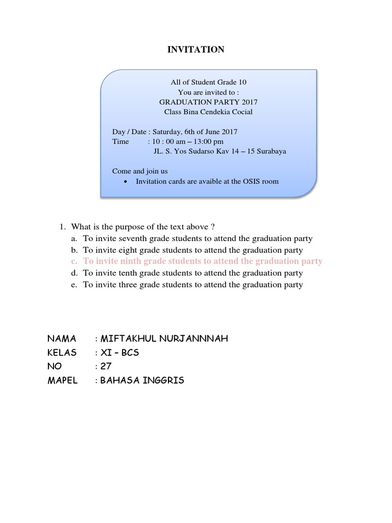 Invitation to the Class Bina Cendekia Cocial Grade 10 Graduation Party ...