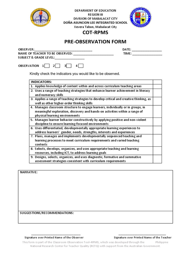 Esp Pre Observation Template | PDF | Curriculum | Neuropsychological ...
