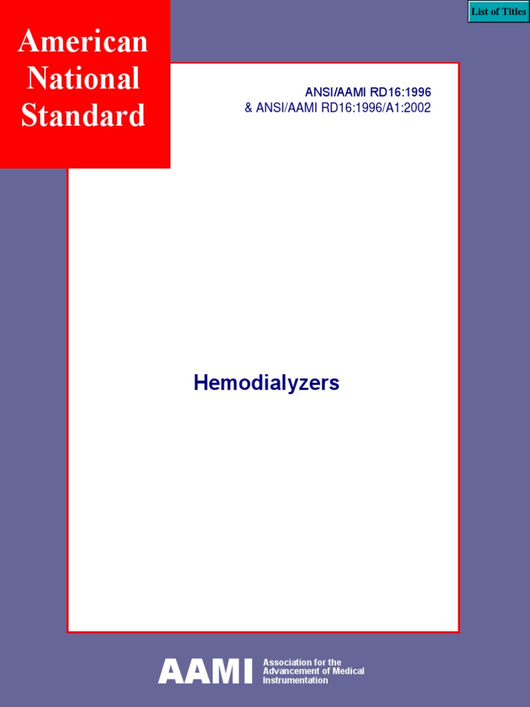 Aami Standard For Reusehemodialysis2 | PDF | Dialysis | Medical Device