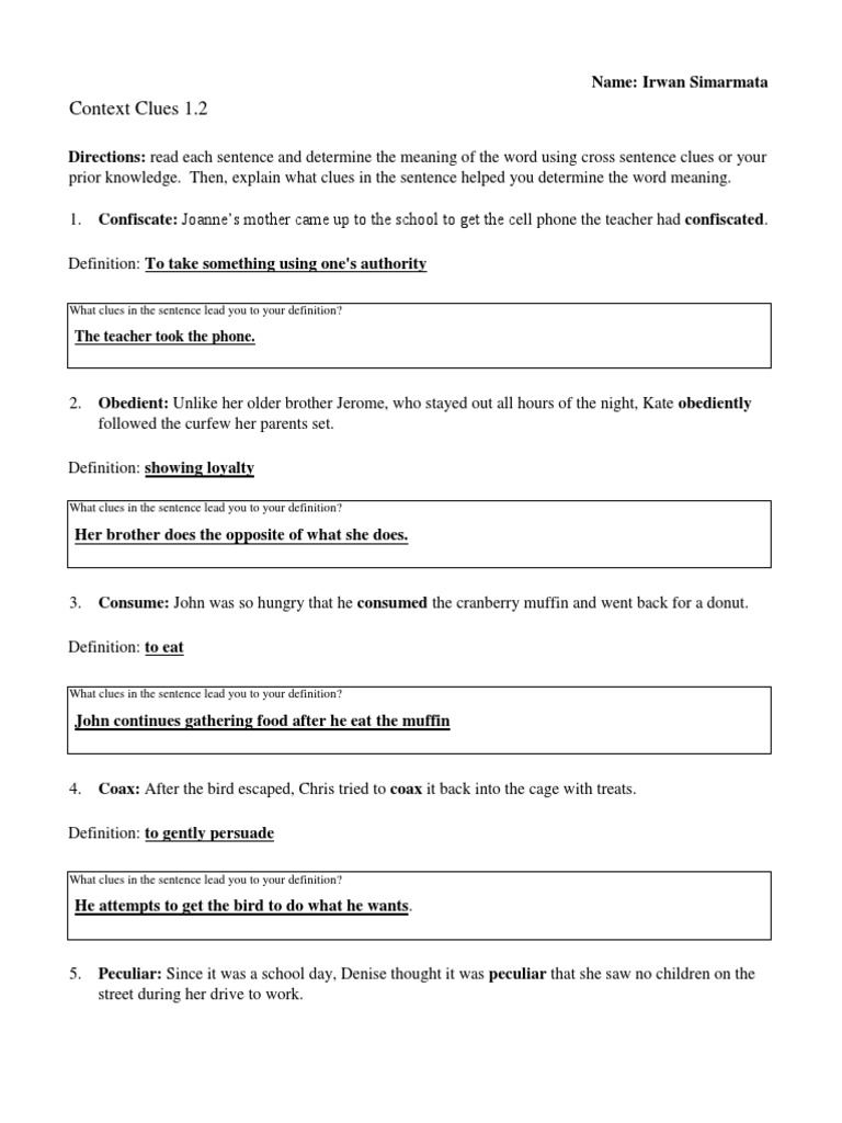 Irwan's Context Clues Exercise | PDF | Language Arts & Discipline ...
