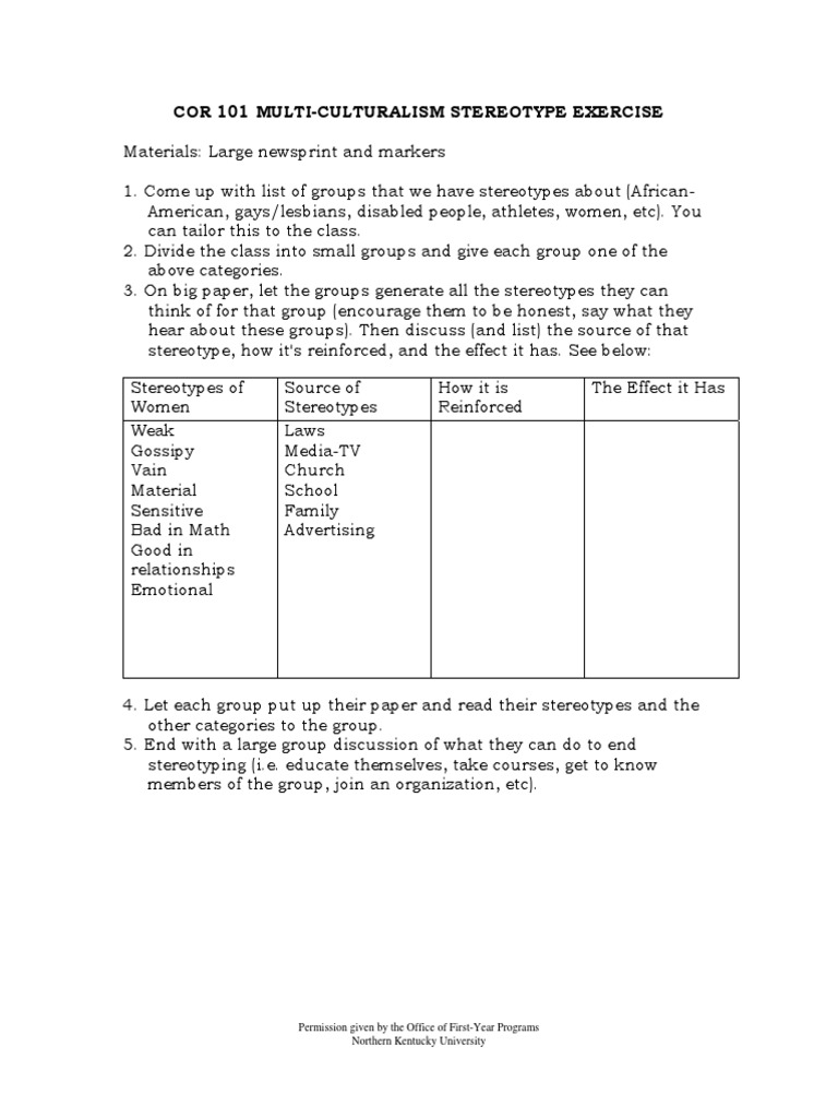 Cor 101 Multi-Culturalism Stereotype Exercise | PDF