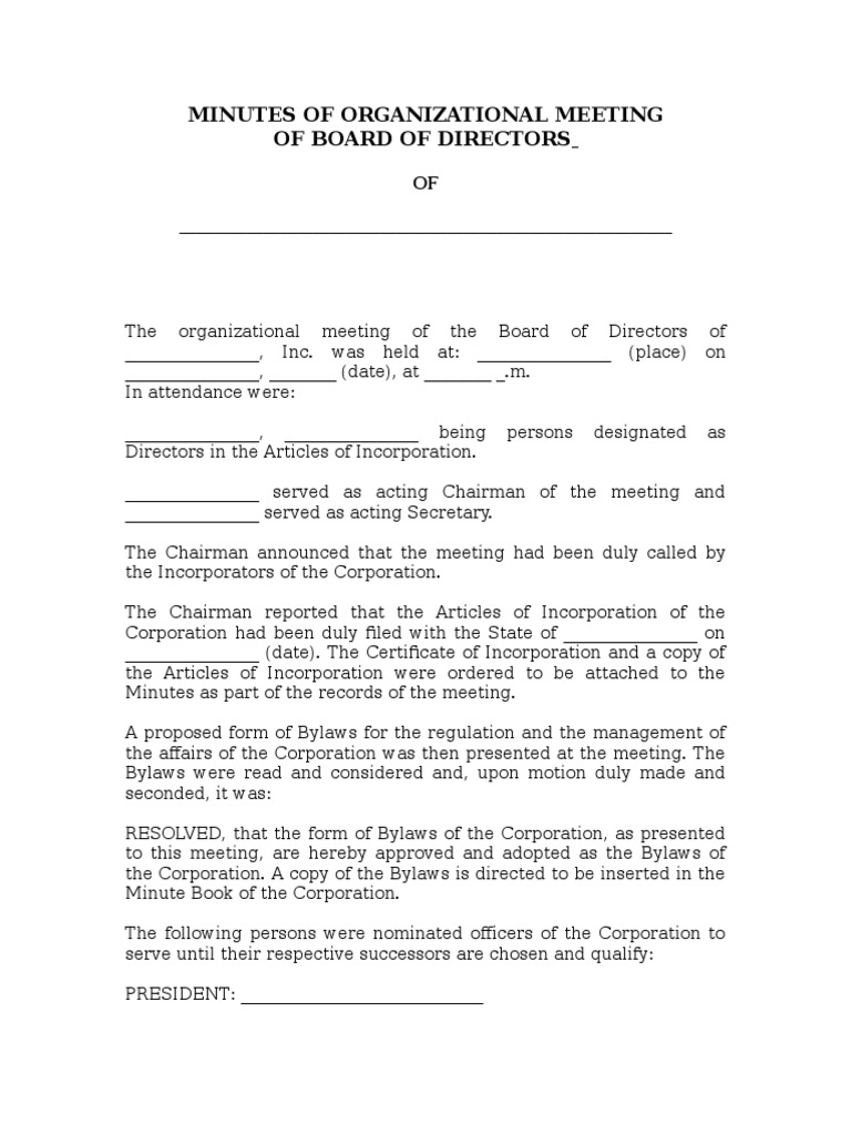 Minutes of Organizational Meeting | PDF | Board Of Directors | Corporations