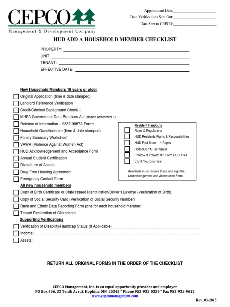 Hud Add A Household Member Checklist: Return All Original Forms in The ...
