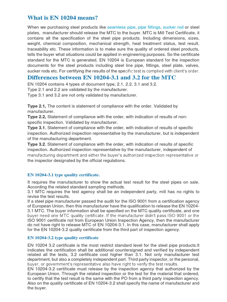 En 10204 - 3.1 & 3.2 | PDF | Iso 9000 | Pipe (Fluid Conveyance)