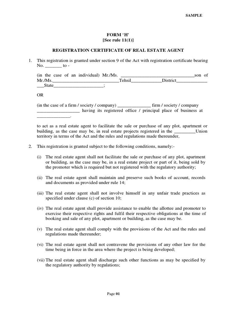 Registration Certificate of Real Estate Agent Form h | Real Estate ...