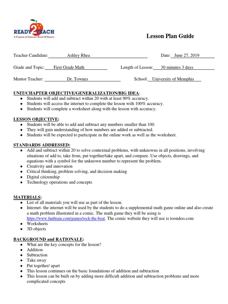 Lesson Plan Guide: Unit/Chapter Objective/Generalization/Big Idea | PDF ...