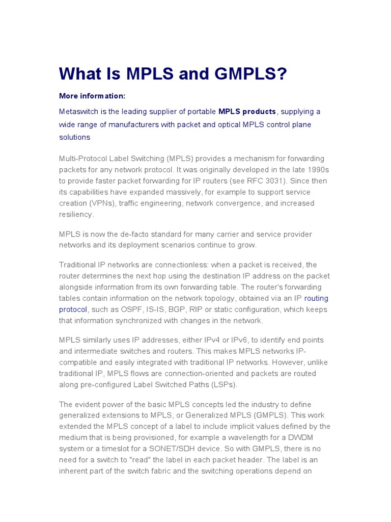 Understanding MPLS and GMPLS: A Technical Overview of Multi-Protocol Label Switching and ...