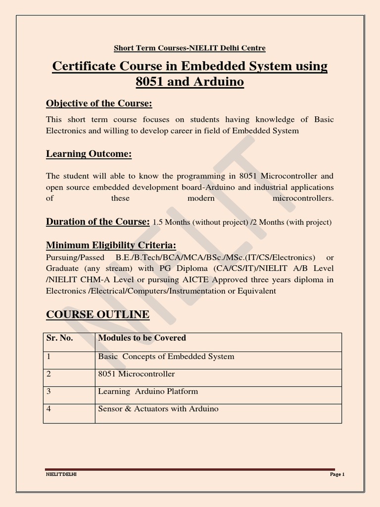 Certificate Course in Embedded System Using 8051 and Arduino | PDF