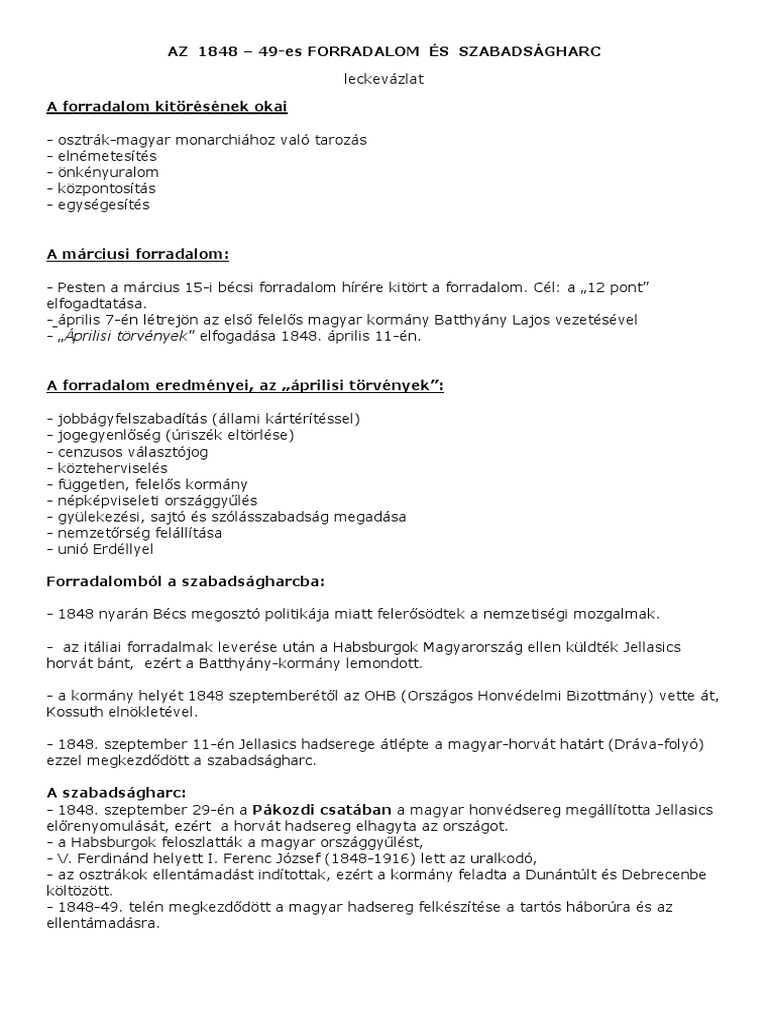 Az 1848 - 49-Es Forradalom És Szabadságharc | PDF