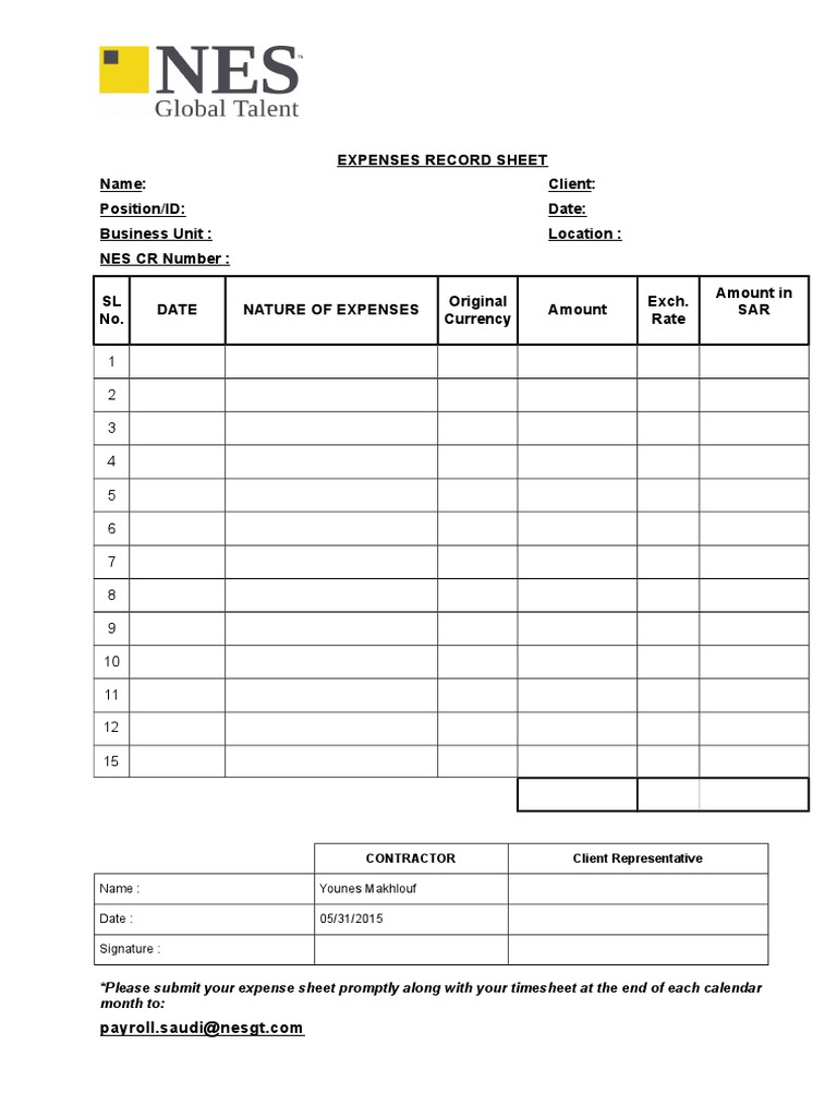 NES Expense Record Sheet | PDF