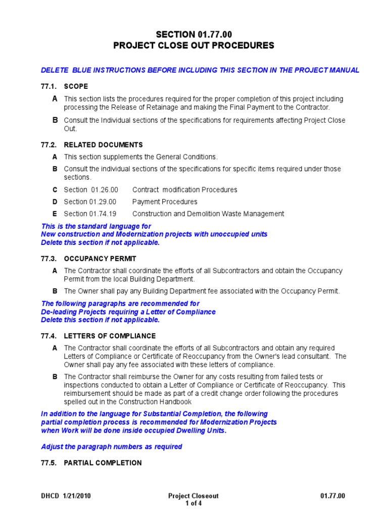 SECTION 01.77.00 Project Close Out Procedures: DHCD 1/21/2010 Project ...