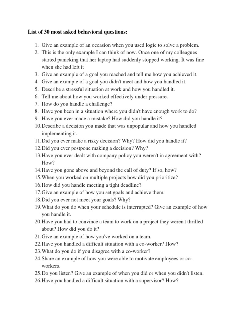 List of 30 Most Asked Behavioral Questions | PDF