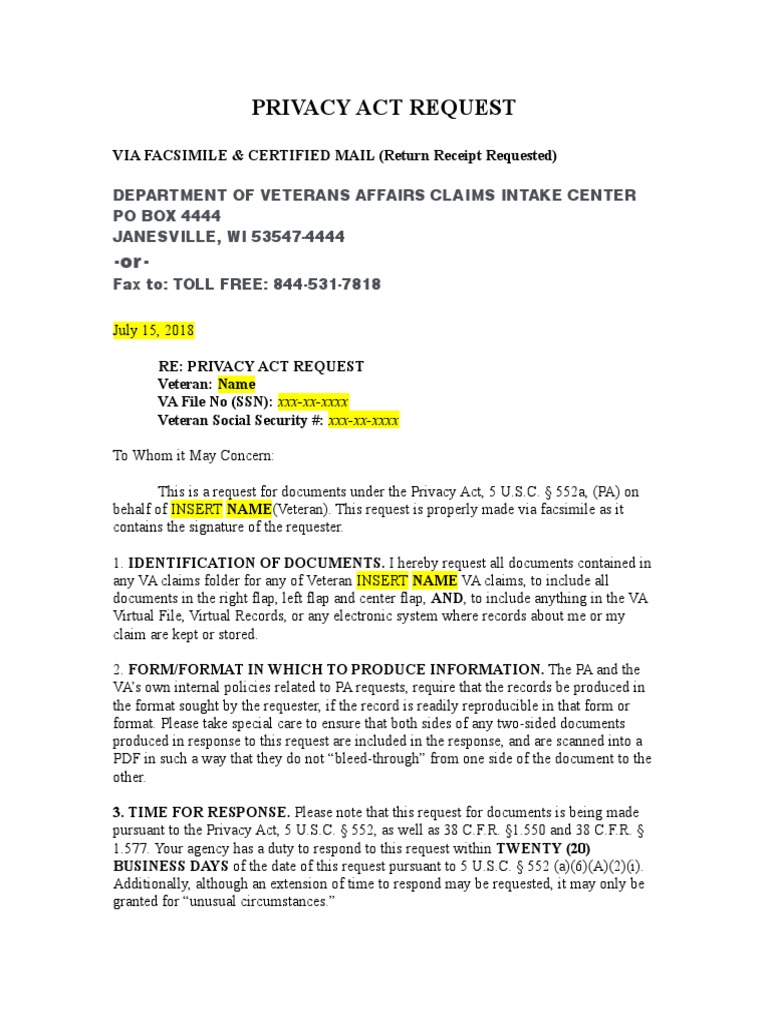 VA C-File Privacy Act Request Form | PDF | Fax | United States Code
