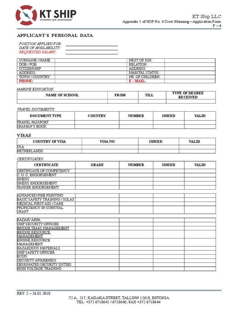Crew Manning Application Form | PDF | Oil Tanker | Travel Visa