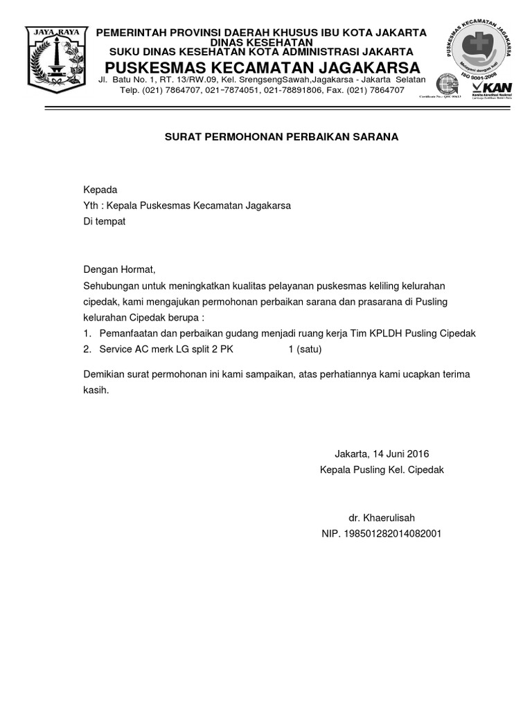 Surat Permohonan Perbaikan Sarana | PDF