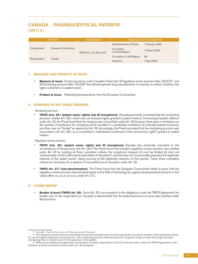 Canada’s Pharmaceutical Patent Dispute | PDF | Trips Agreement | Patent