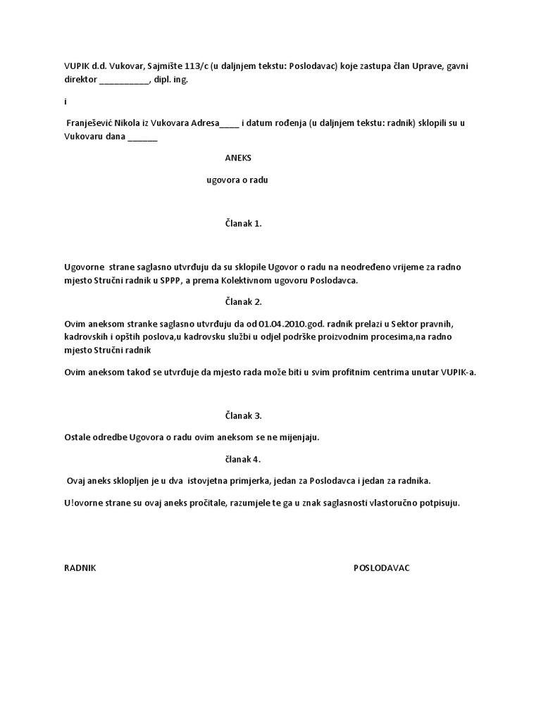 Aneks Ugovora o Radu | PDF