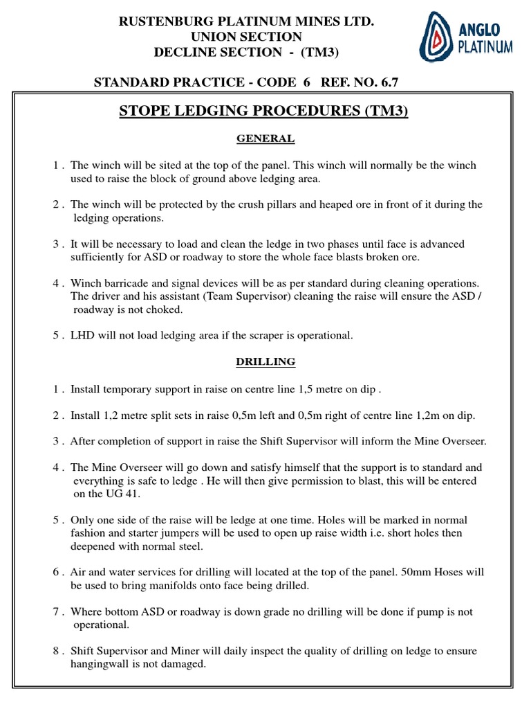 Stope Ledging Procedures in Mining | PDF | Drilling | Economic Geology