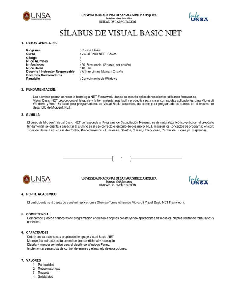 SILABO VISUAL BASIC NET Nivel Básico | PDF | .NET Framework | Visual Basic .Net