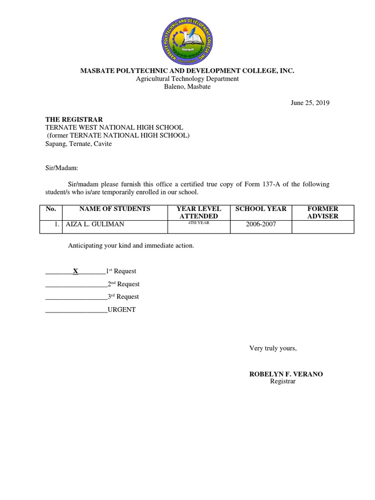 Form 137 Request Form | PDF