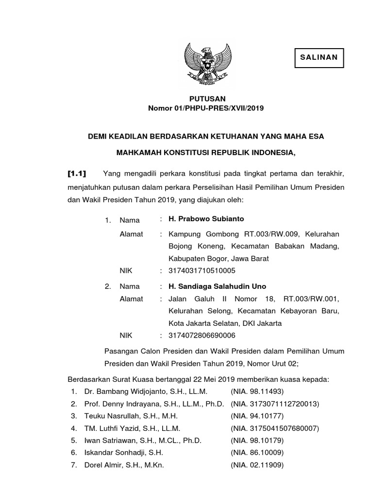 Putusan MK Pilpres 2019 PDF | PDF | Politik | Hukum