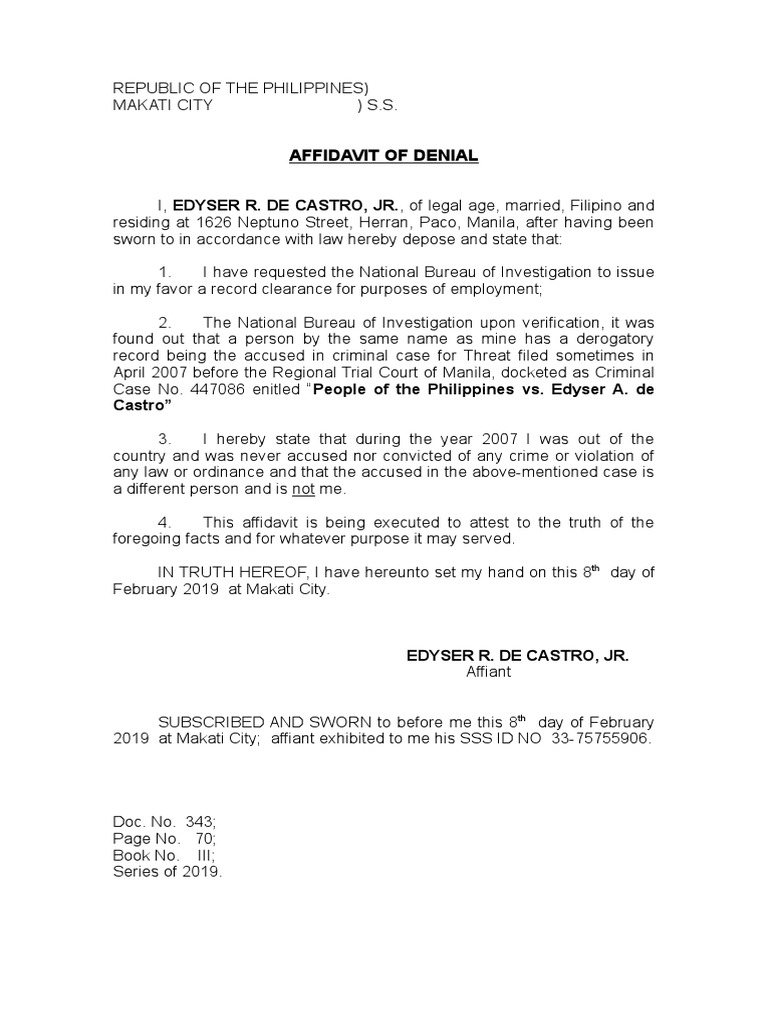 Affidavit of Denial .Edyser