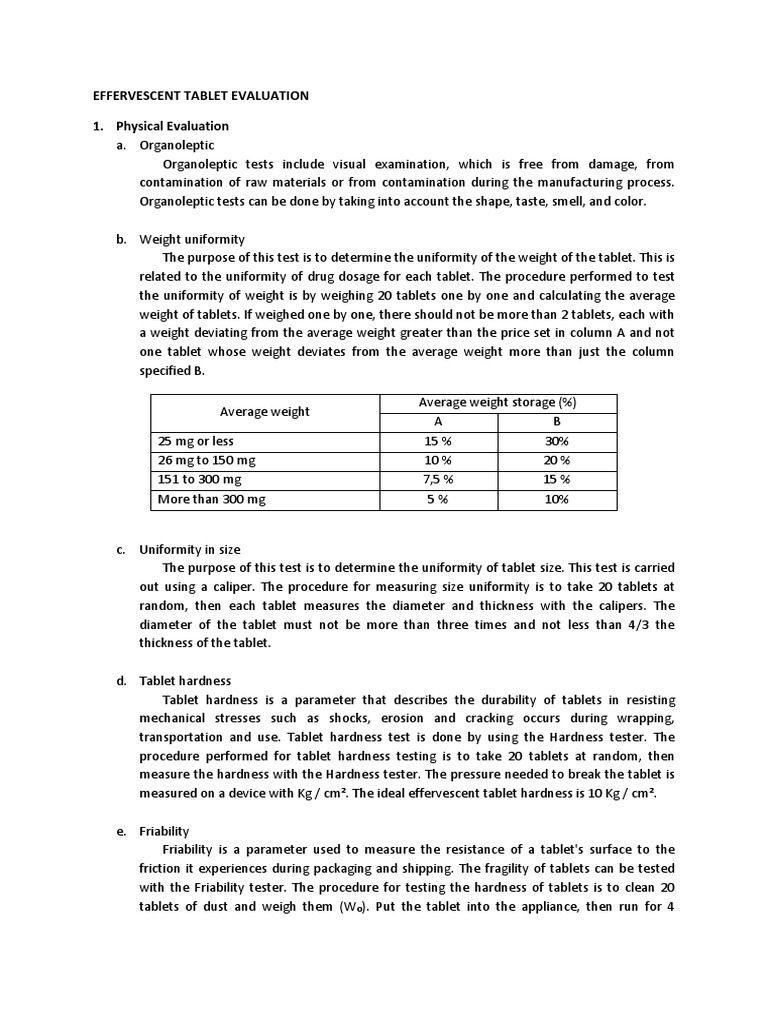 Effervescent Tablet Evaluation Methods | PDF | Tablet (Pharmacy) | Weight