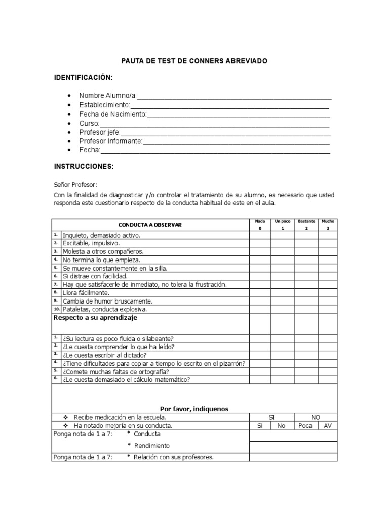 Pauta Test de Conners Abreviado | PDF | Aprendizaje | Modificación de ...