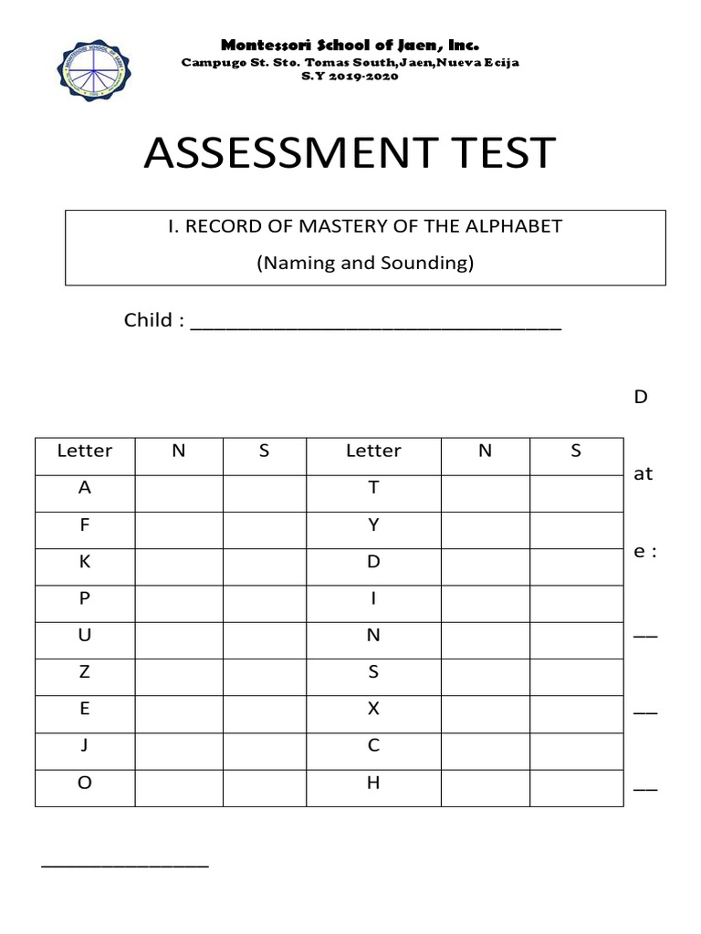 Assessment Test: I. Record of Mastery of The Alphabet (Naming and ...