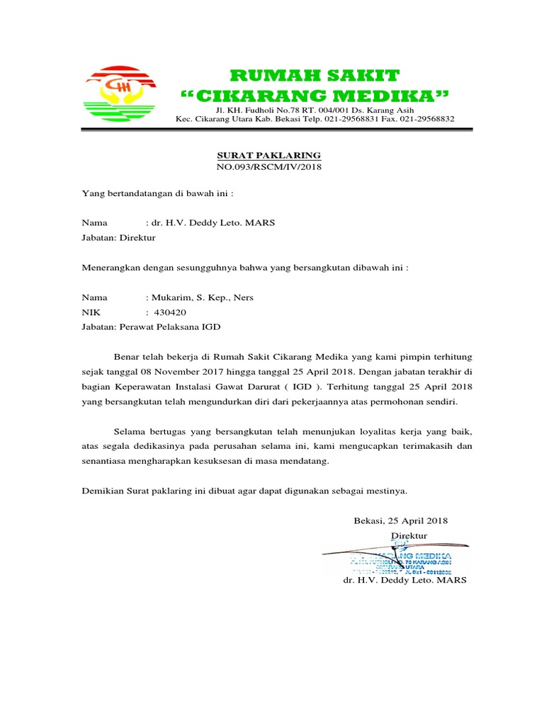 Surat Paklaring Perawat IGD Cikarang Medika | PDF | Kesehatan Holistik
