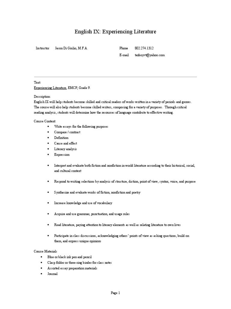 Grade 9 English Literature Course Syllabus | PDF | Essays | Books