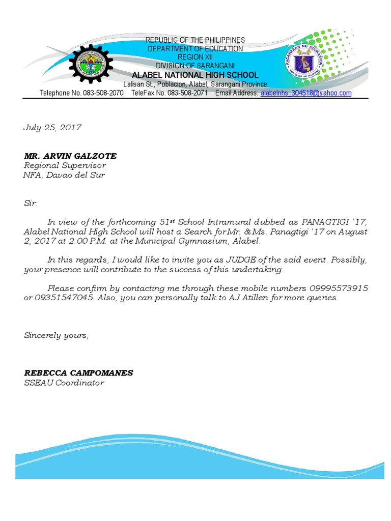 Invitation letters to judges for the Mr. and Ms. Panagtigi '17 search ...