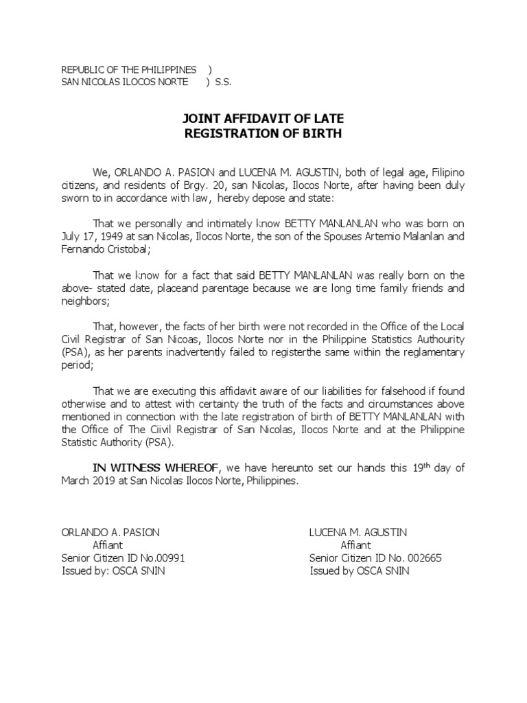 Joint Affidavit for Late Birth Registration | PDF