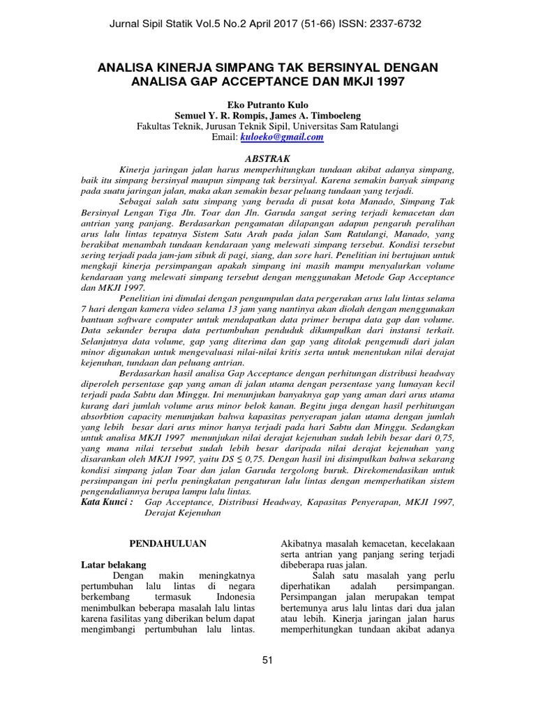 Analisa Kinerja Simpang Tak Bersinyal Dengan | PDF