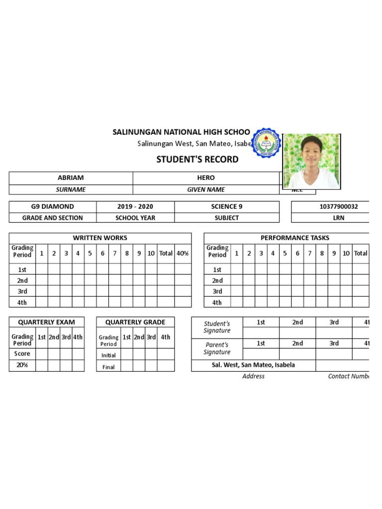 Individual Grading Sheet G9 Science | PDF