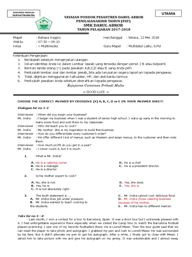 Soal PAT Bing X SMK | PDF | Volcano | Nature