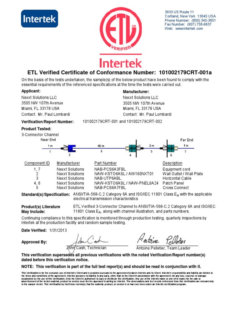 Nexxt Solutions Etl Verified Certificate For Cat6a 3 Connector Channel ...