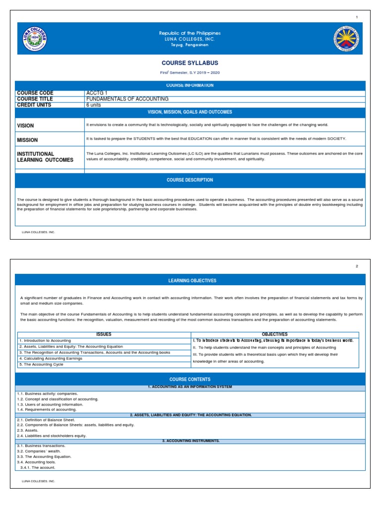 ACCTG 1 Fundamentals of Accounting Syllabus | PDF | Equity (Finance ...