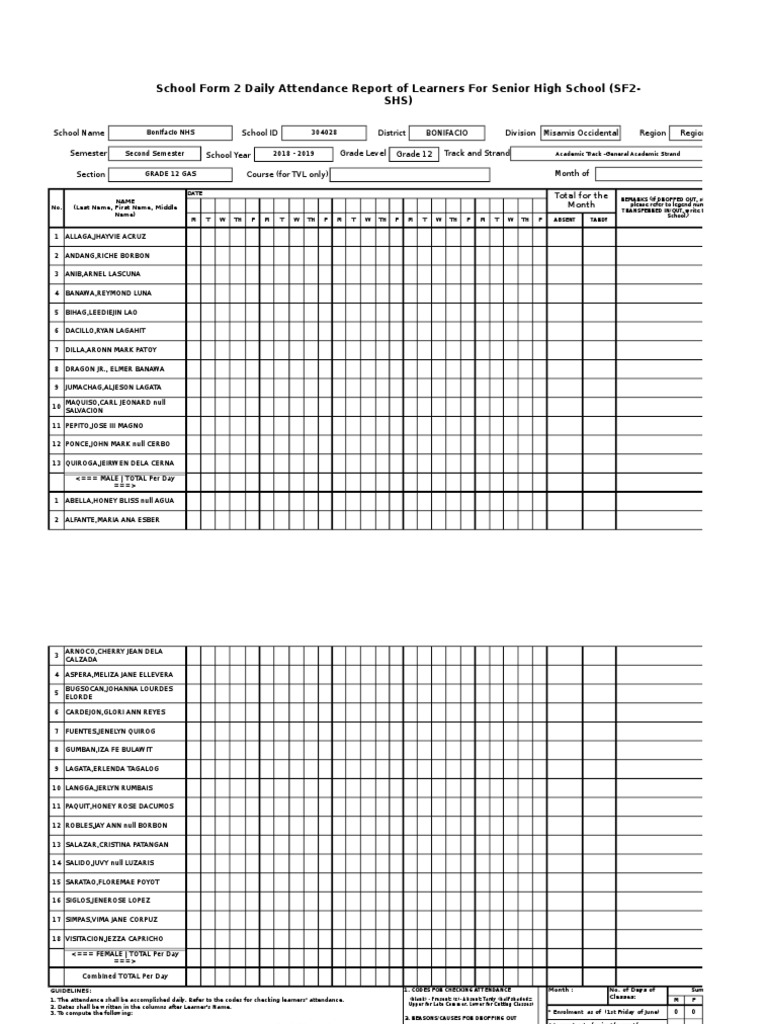 School Form 2 Daily Attendance Report of Learners For Senior High ...
