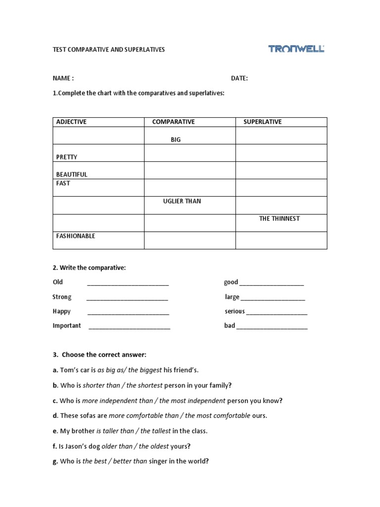 Comparative and Superlative Test Worksheet | PDF | Linguistics ...