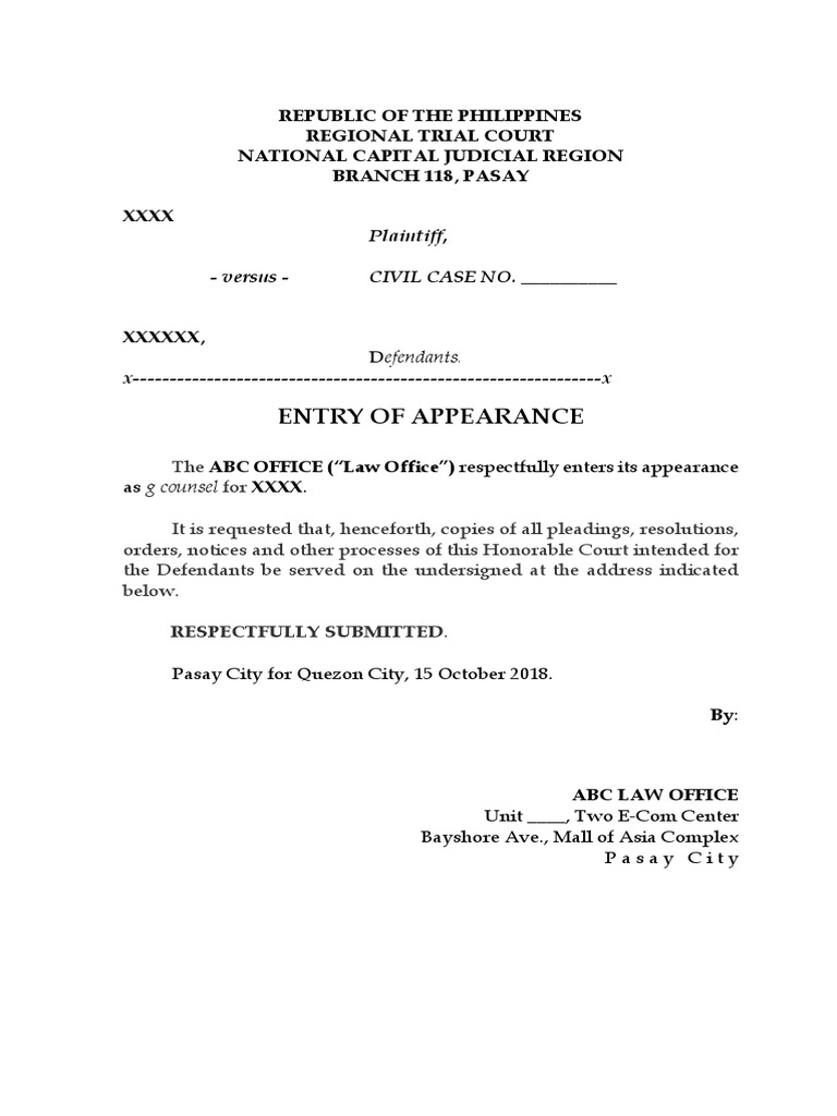 Entry of Appearance Sample | PDF | Separation Of Powers | Public Sphere