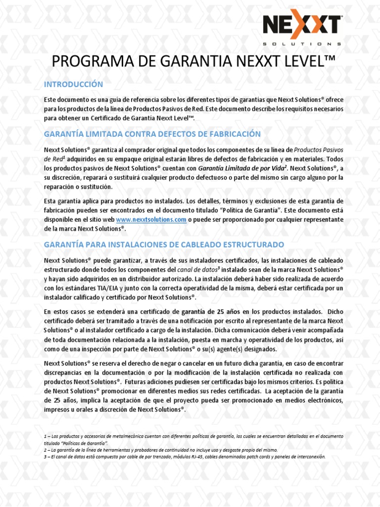 Nexxt Solutions Infrastructure Division 25 Years Nexxt Level Warranty Program Spanish | PDF ...