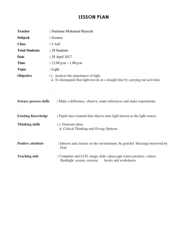 Lesson Plan | PDF | Light | Lesson Plan