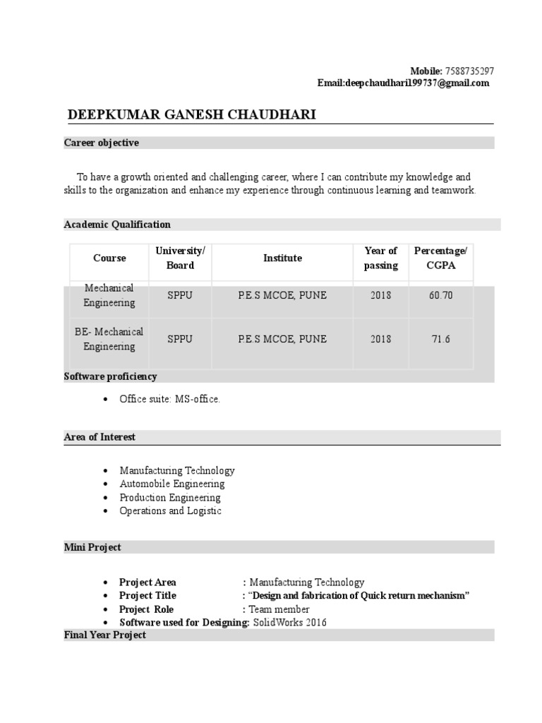 Mechanical Engineer Resume For Fresher | PDF | Engineering | Cognition