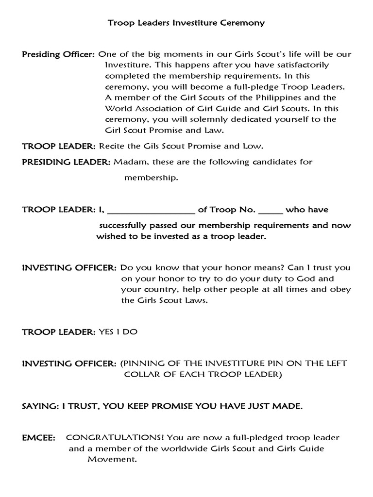 Troop Leaders Investiture Ceremony | PDF | Scouting | Outdoor ...