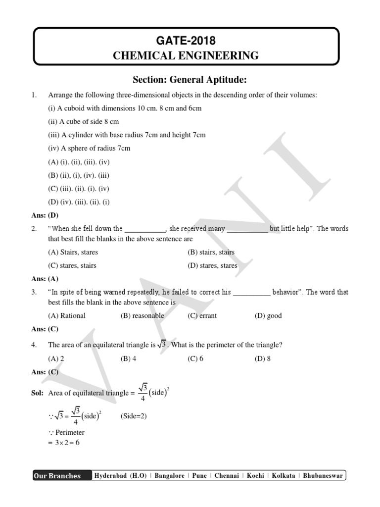 GATE 2018 Chemical Engineering Paper | PDF | Thermal Insulation ...