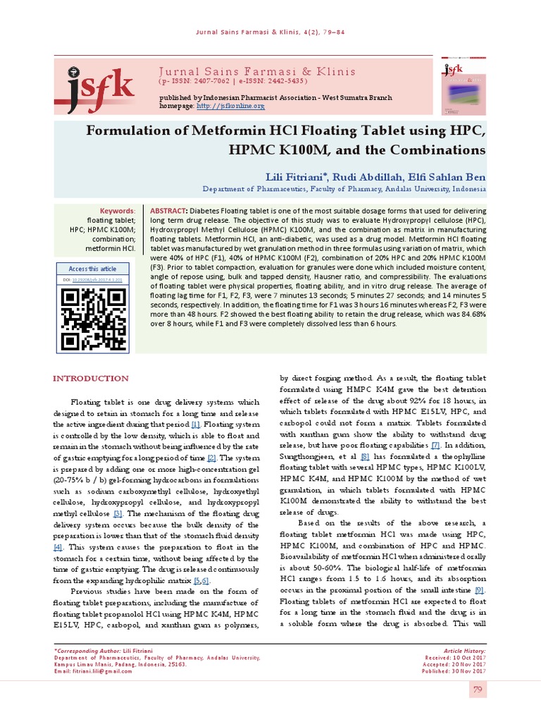 Formulation of Metformin HCL Floating Tablet Using HPC, HPMC K100M, and The Combinations | PDF ...