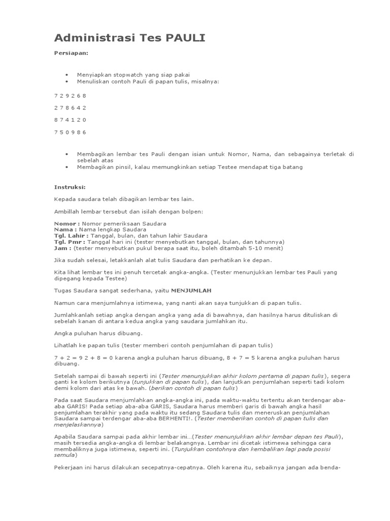 Panduan Administrasi Tes PAULI | PDF | Metode & Bahan Ajar