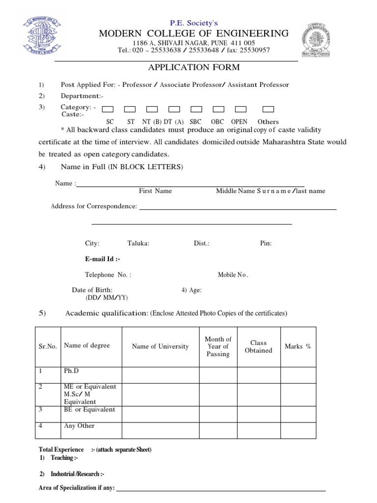 Modern College of Engineering: Application Form | PDF | Vocational ...